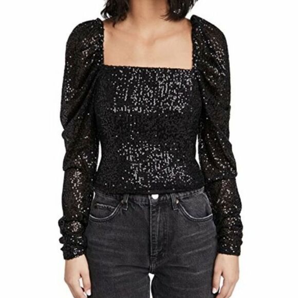 Ramy Brook | Tops | Ramy Brook Hazel Sequin Black Ruffled Shoulder Long ...